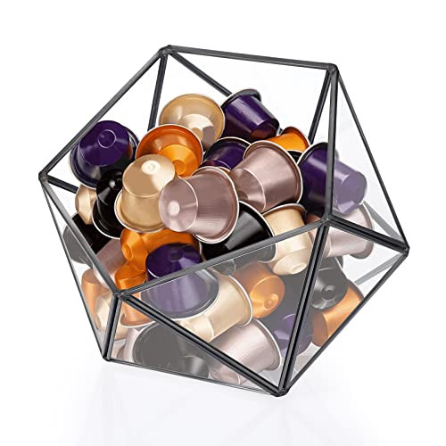 ELLDOO Black Glass Coffee Pods Holder, 15 Sided Geometric Box Coffee Pod Organizer for K Cup Espresso, Tea Bags Sugar Packets Coffee Capsule Storage Holder for Kitchen Coffee Bar Office Desktop Counter