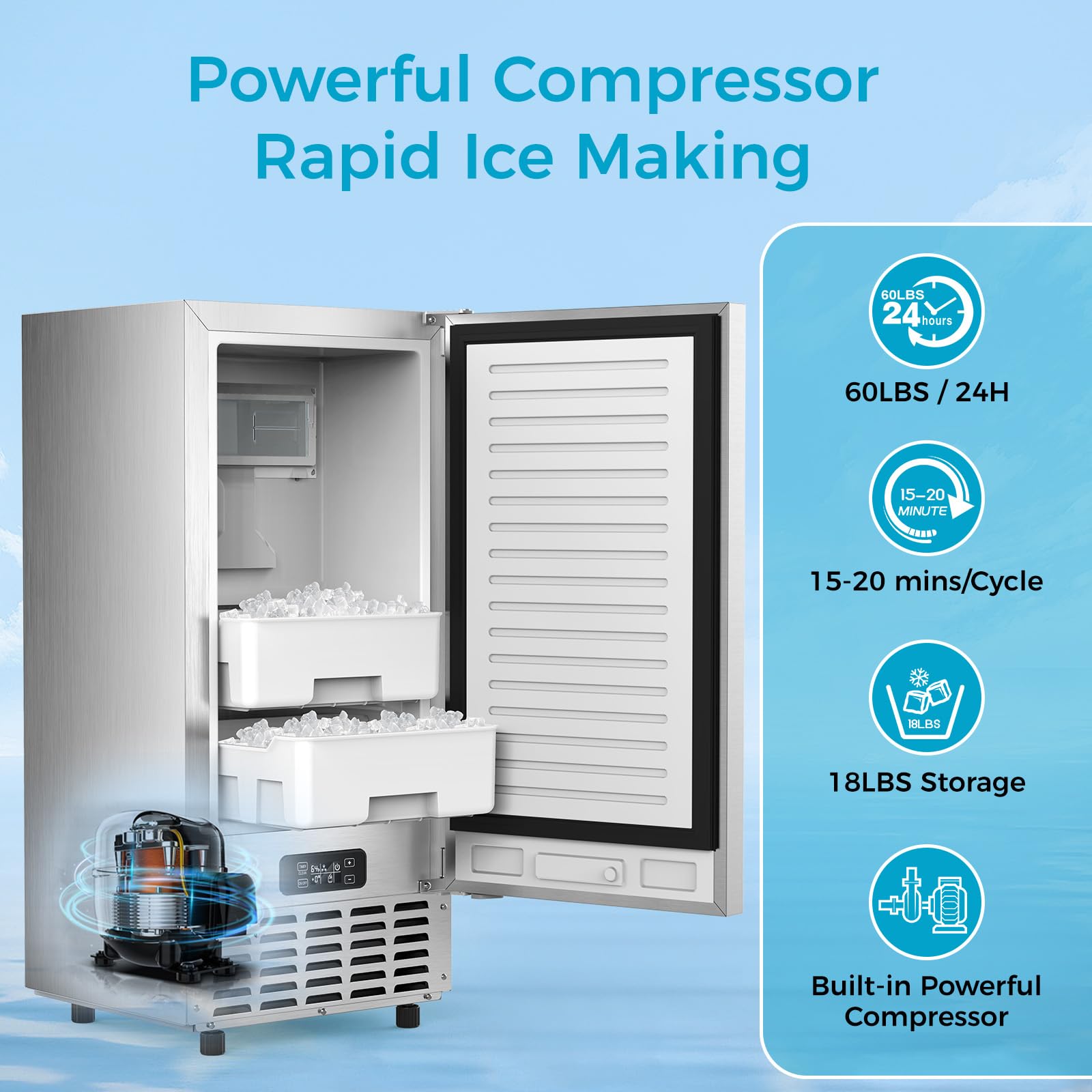 COWSAR Commercial Ice Maker Machine, Nugget Ice, 66lbs/24H Stainless Steel Under Counter Ice Maker, Self-Clean&24H Timer, Commercial Nugget Ice Machine with LCD Display, Ideal for Bar/Cafe/Restaurant