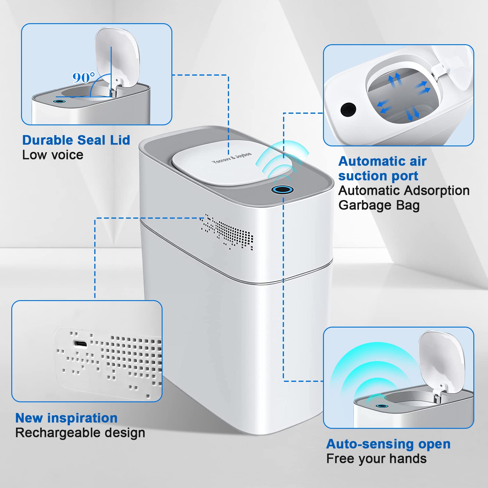 Automatic Bathroom Slim Trash Can with Lid, 3.8 Gallon Small Plastic Rechargeable Touchless Motion Sensor Narrow Smart Garbage Can for Bedroom, Bathroom, Kitchen, Office, RV