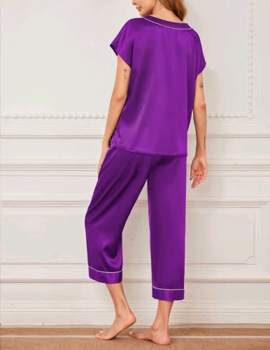 Ekouaer Satin Pajamas Set for Women Button Front Silk Sleepwear Short Sleeve V Neck Loungewear Set Purple Pajamas Set