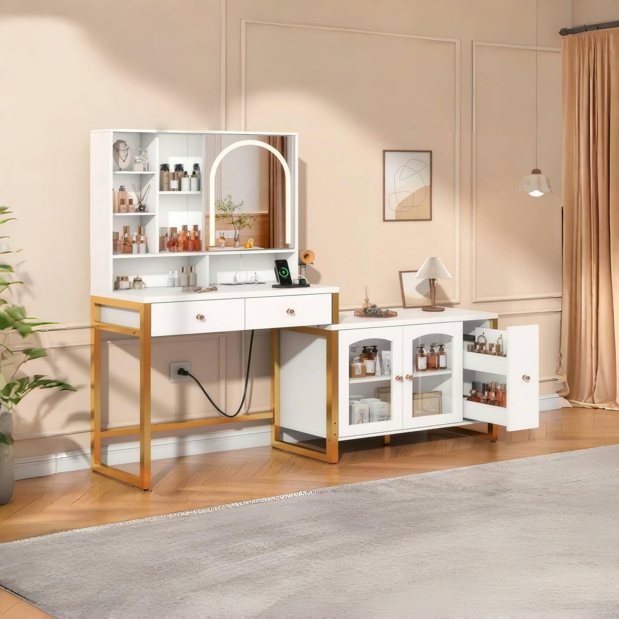 chartustriable 62" Large Vanity Desk with Mirror and Lights 3 Lighting Modes, Vanity Dresser with Charging Station and 2 Drawers, Modern LED Vanity with Storage Shelves for Bedroom, White