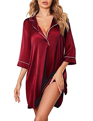 Ekouaer Sexy V Neck Satin Nightgowns Silk 3/4 Sleeve Sleepshirt Button Down Boyfriend Nightshirt Bridesmaid Sleepwear Wine Red L