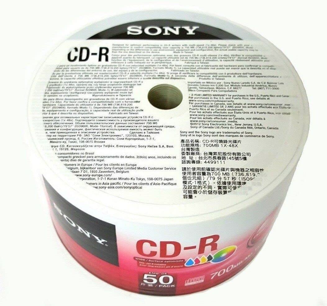 Sony CD-R White Inkjet Hub Printable 48X 700MB 80min Blank Disc (50 Discs)