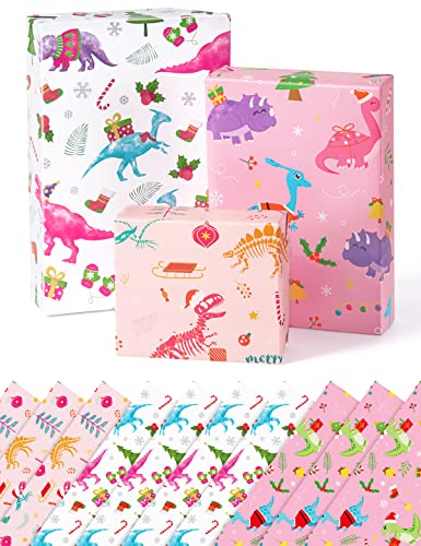 Christmas Dinosaur Wrapping Paper 10 Sheets 20" x 27" Pink Christmas Wrapping Paper Flat Fold Christmas Gift Wrap Paper Pink Girls Wrapping Paper Kids Dinosaur Gift Wrap Dino Birthday Wrapping Paper