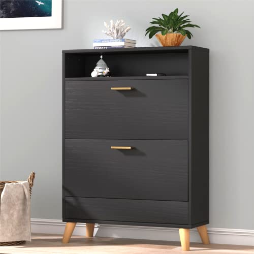 Gyfimoie Shoe Storage Cabinets, Free Standing Shoe Organizer with 2 Flip Drawers for Entryway, Narrow 3 Tier Entryway Hidden Shoe Rack with Doors (Black)