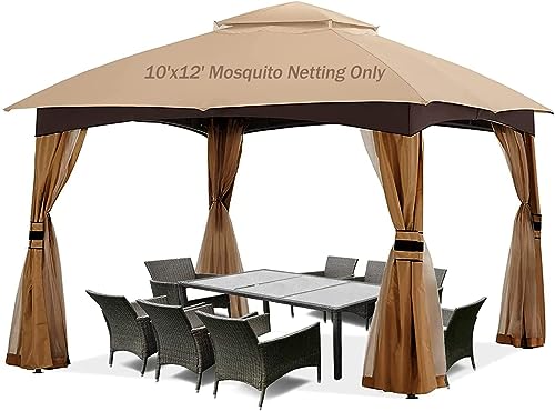 EasyLee Gazebo Universal Replacement Mosquito Netting 10x12, 4-Panel Screen Walls for Outdoor Patio with Zipper, Mosquito Net for Tent Only (Brown)