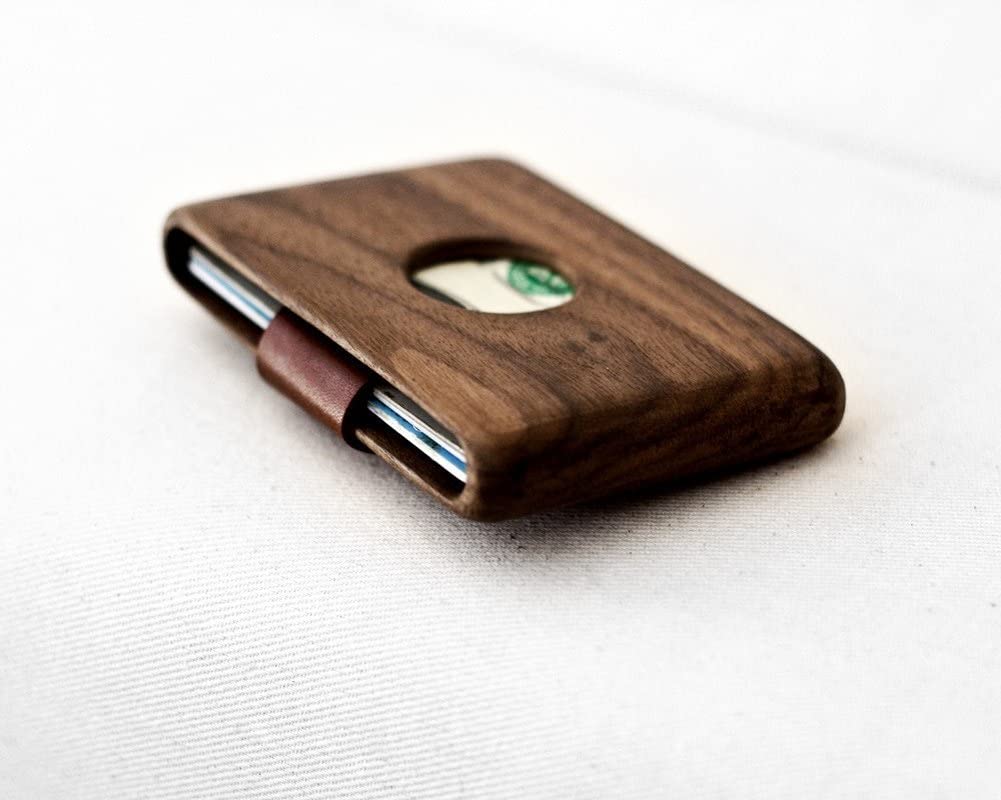 IPPINKA Minimalist Wallet for Men or Women - Wood Wallet - Walnut Wood with Leather Pull-Out Strap - Slim Card and Money Bill Holder