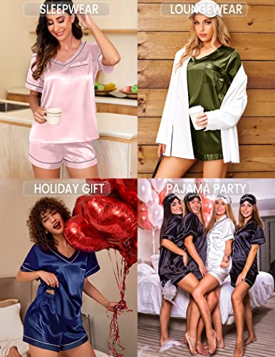 Ekouaer Women Silk Pajama Sets Loose V Neck Two Piece Satin Pjs Sets Short Sleeve Luxury Silky Nightwear Black XL