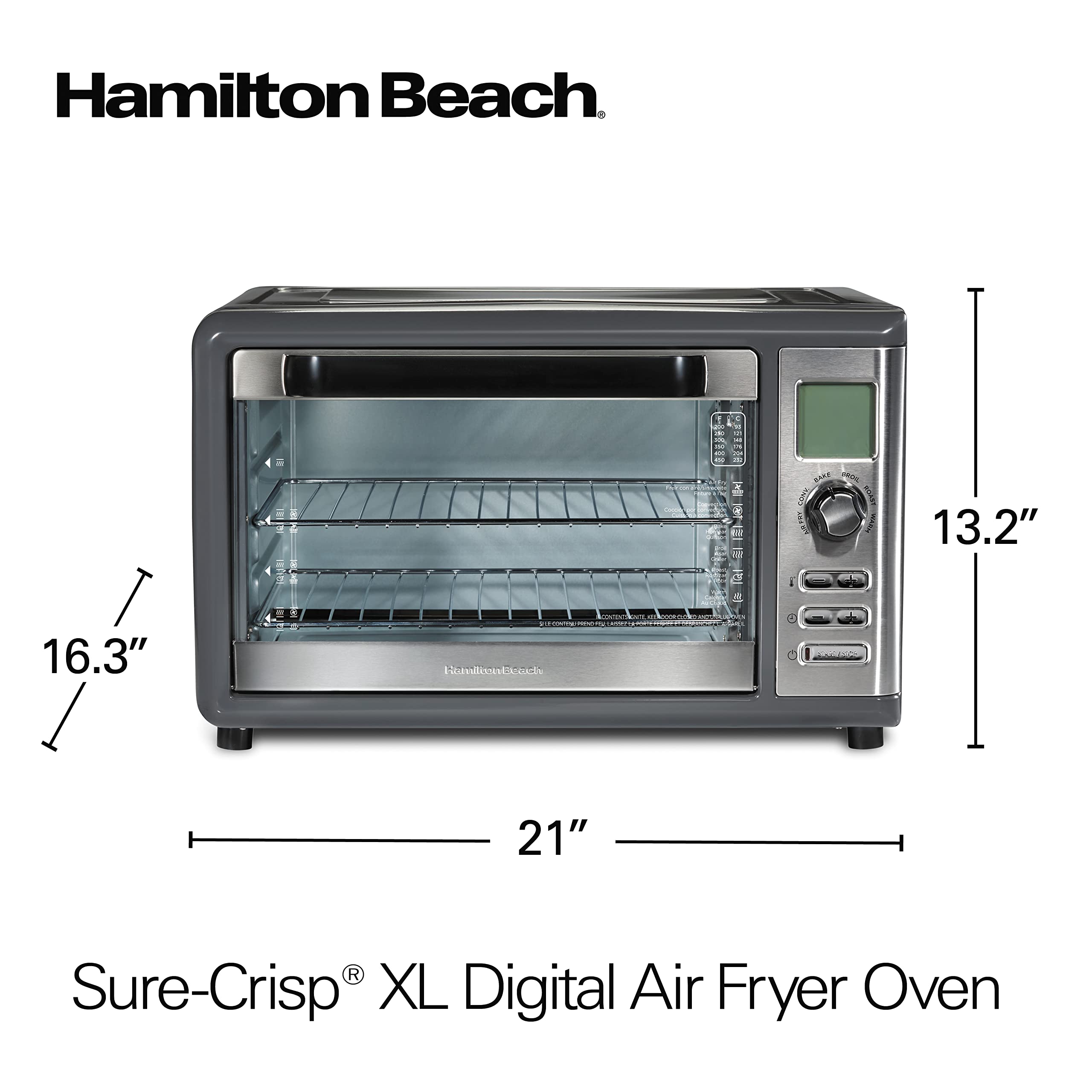 Hamilton Beach Countertop Air Fryer Oven with Sure-Crisp Technology, XL Capacity for 2 12β Pizzas, Two 9β x 13β Pans and 4 Rack Positions, Digital Controls, Grey (31390)