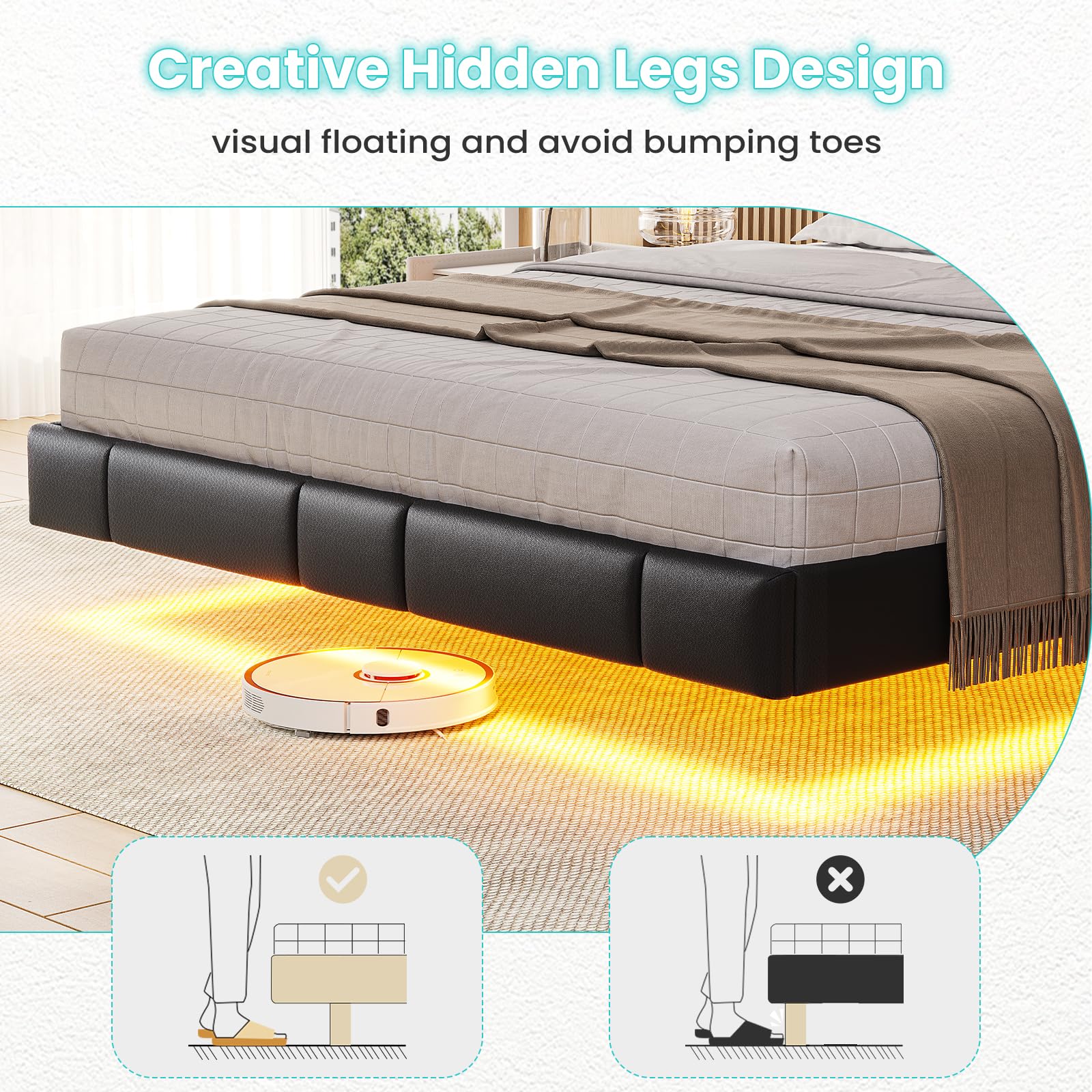 MSmask Queen Platform Bed Frame, Floating Bed with LED Lights, Faux Leather Upholstered Headboard, 2 USB Ports, Under-Bed Storage, No Box Spring Needed, Black