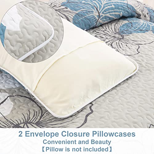 DJY 3 Pieces Quilt Set California King Blue Floral Pattern Quilt Coverlet Elegant Boho Bedspread with 2 Pillow Shams Lightweight Floral Summer Bedding Quilt for Adults Teens 106"x96"