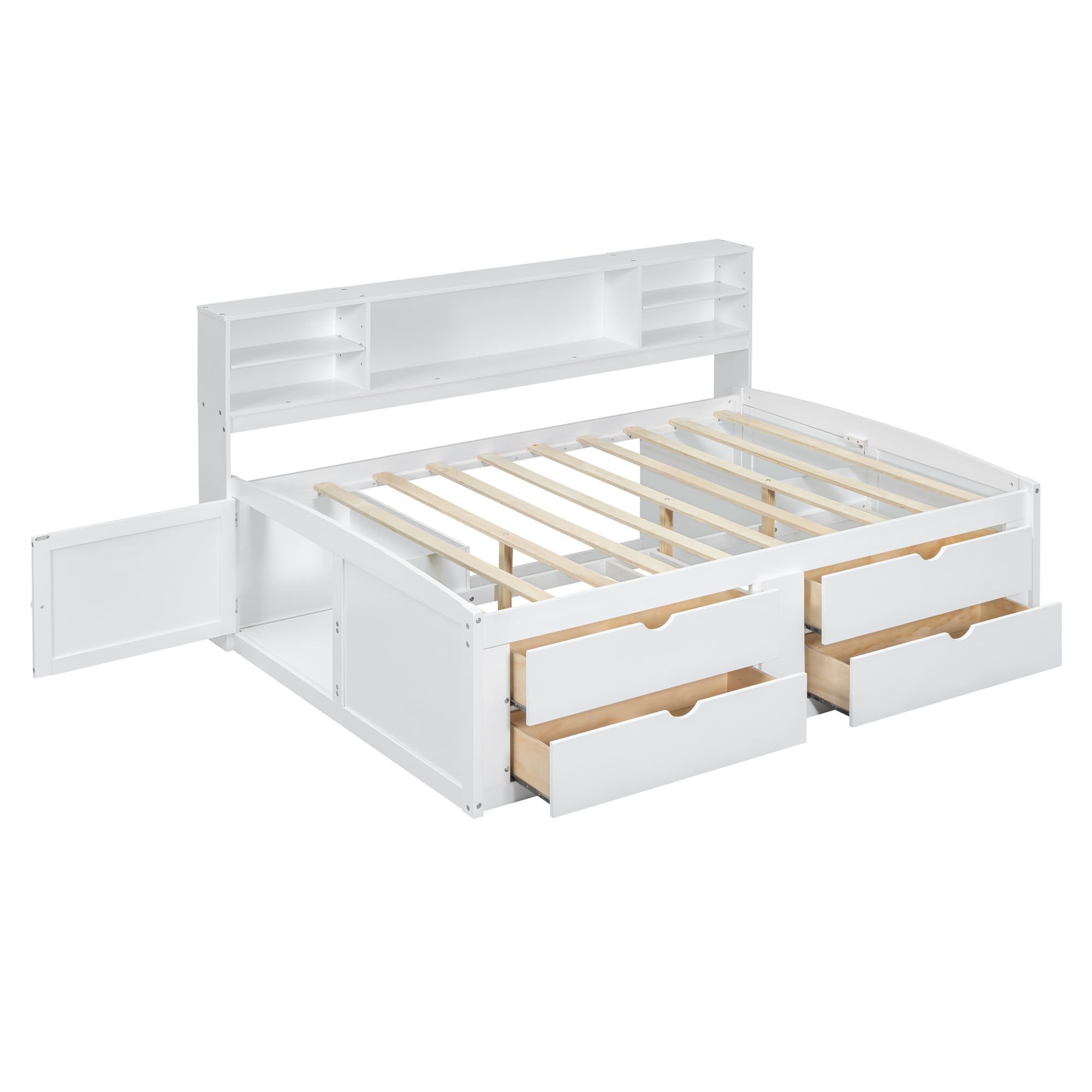 Hlcodca Full Size Daybed with Storage Drawers, Bedside Cabinets and Upper Shelves, Pine Wood Captains Bed with Bookshelf for Kids Boys Girls Teens (White-Full Size Wood Daybed)
