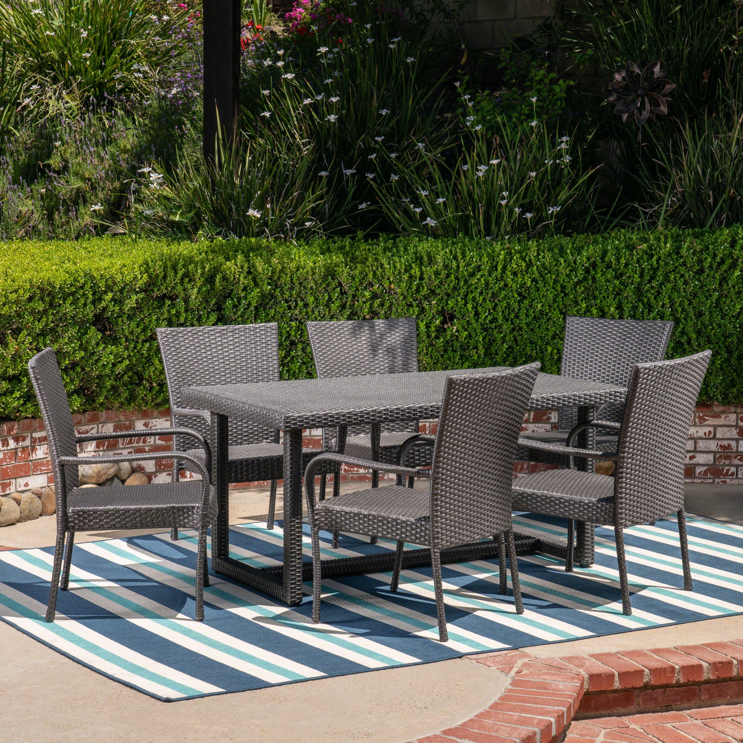 Christopher Knight Home Liam Outdoor 7 Piece Wicker Dining Set, Grey