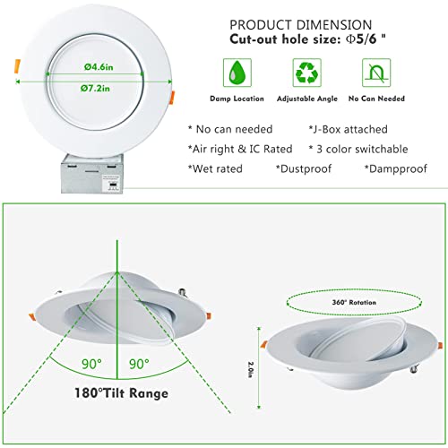 bulbeats 6 Inch Gimbal LED Recessed Light and LED Downlight, ๐ ๐ฒ๐๐ฎ๐น LED Recessed Can Light 6inch 3000K/4000K/5000K 140lm/w (high efficency) Dimmable Directional Ceiling Light CRI90-12 Pack ETL