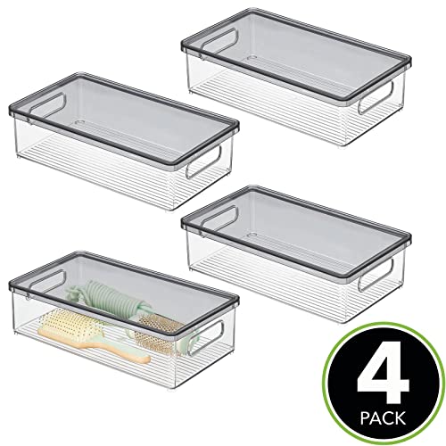 mDesign Small Plastic Stackable Bathroom Cabinet Storage Bin Box with Handles/Lid, Drawer Stacking Organizer for Soap, Lotion, Towels, and Accessories, Ligne Collection, 4 Pack, Clear/Smoke Gray, 15 x 8.5 x 4.2