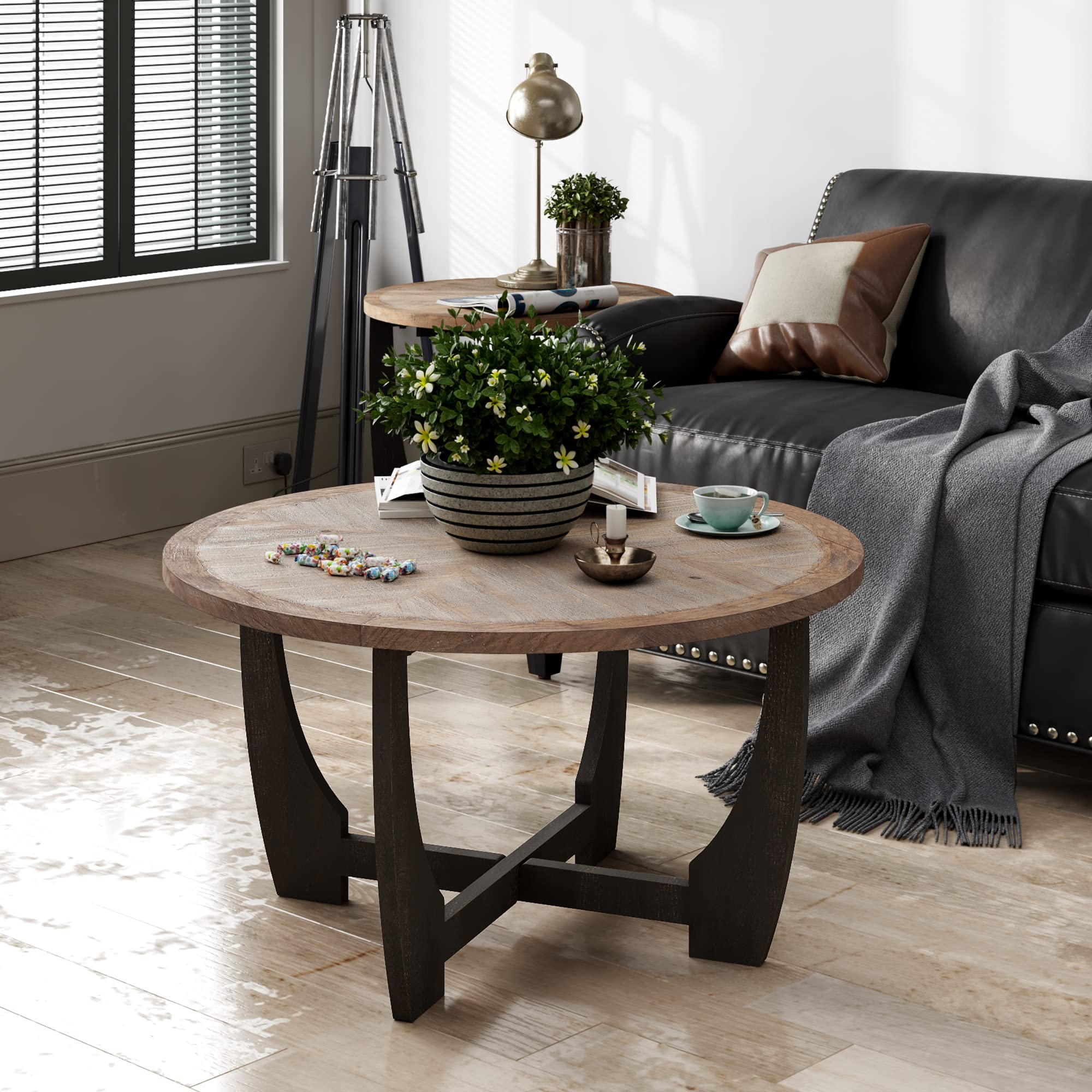 COZAYH Rustic Farmhouse End Table -2P, French Country Accent Side Table for Family, Dinning or Living Room, Small Spaces, Modern, Round, Black End Table