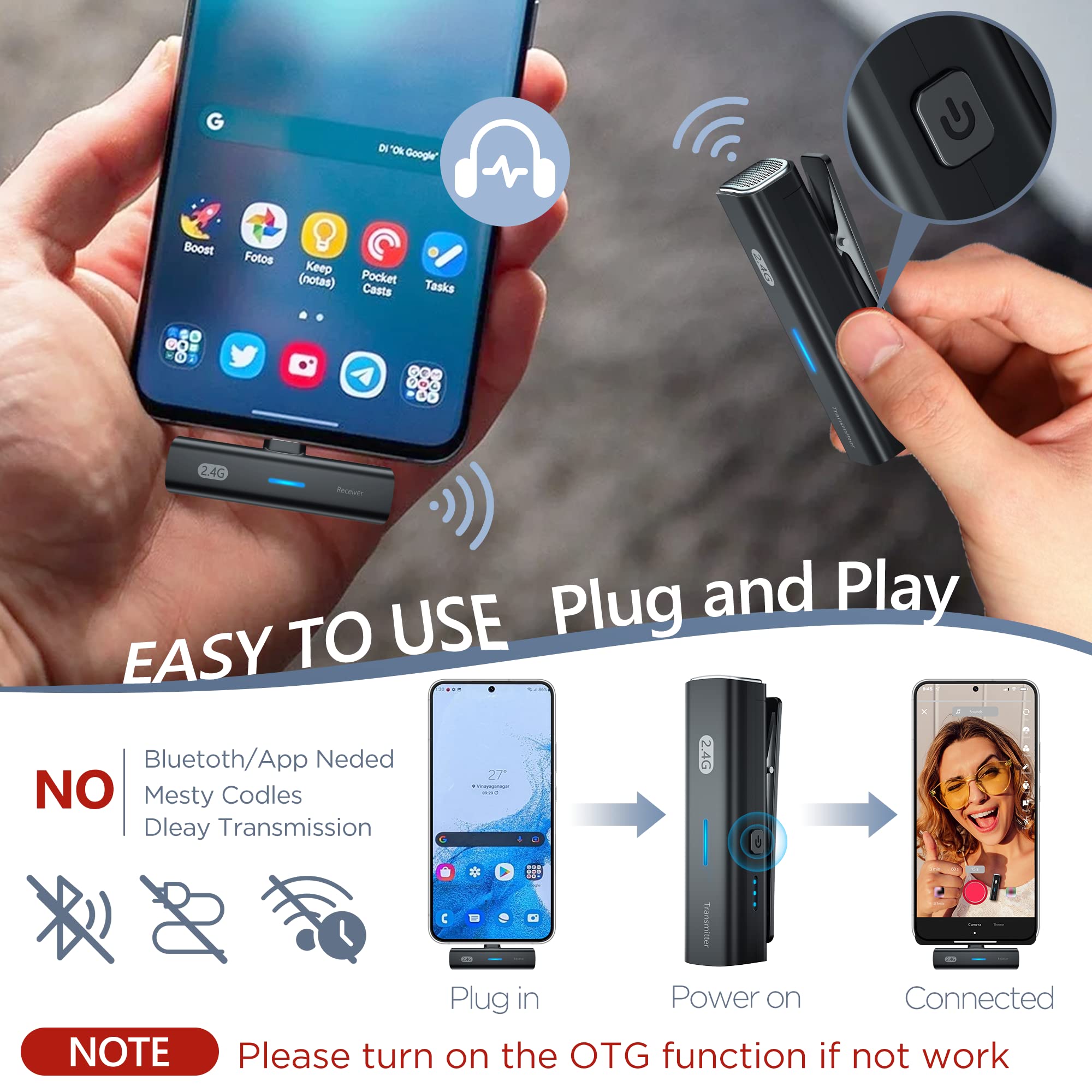 Bietrun Wireless Lavalier Microphones for Android, 65 FT Plug-Play Lav Mic with USB C Interface for Video Recording, Wireless Clip on Microphone for Podcast Vlog YouTube