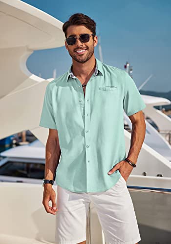COOFANDY Men's Short Sleeve Linen Shirts Casual Button Down Shirt Summer Beach Tops Green