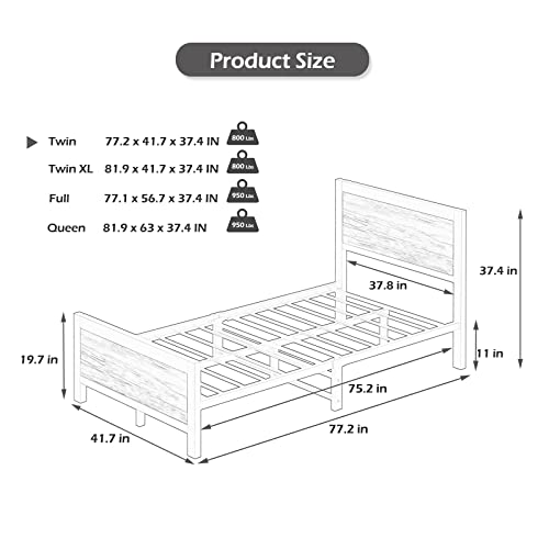 GAZHOME Twin Bed Frame with Wooden Headboard/No Box Spring Needed Heavy Duty Metal Platform / 9 Stable Leg/Noise Free/Easy Assembly
