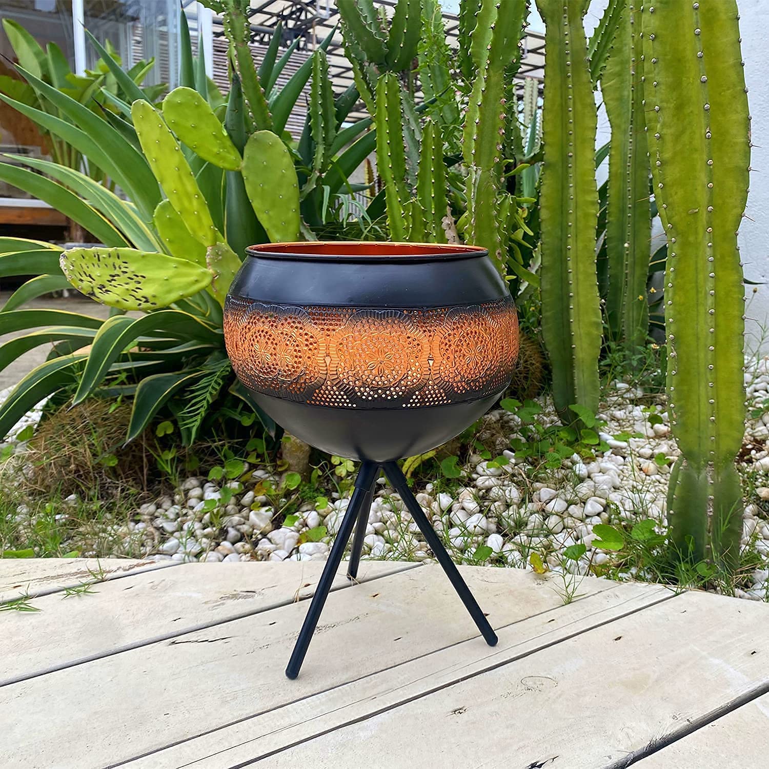 Larekook Outdoor Lantern Flickering Flame Light Solar Floor Lamp Waterproof Retro Lantern Metal Brazier Light Decor for Yard Patio Garden (Auto On/Off)