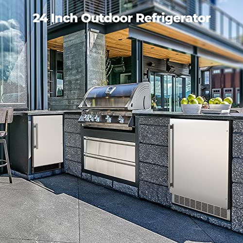 COTLIN 24 Inch Built-in Outdoor Refrigerator, 5.4 Cu.Ft Undercounter Beverage Fridge, 175 Cans Freestanding Stainless Steel Refrigerator for Residential Home Bar Commercial Use, ETL, Silver