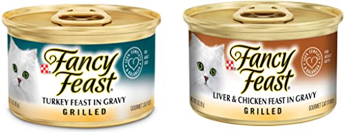 Fancy Feast Grilled Wet Canned Food cat Food Bundle, Variety Pack :02 Seafood,02 Chicken, 02 Tuna,02 Turkey,02 Liver&Chicken,02 Beef Grilled. Pack of 12 cans in Total. Plus Booklet.