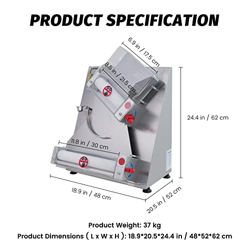 Hakka Pizza Dough Roller Sheeter - Adjustable Thickness and Size, Transparent Covers, 304 Stainless Steel, 370W, 110V