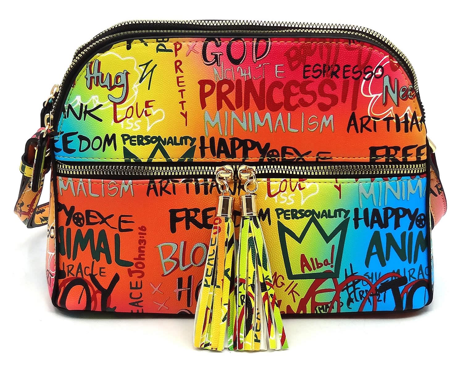 MIZUBA Multi Graffiti Tassel Zipper Crossbody Bag graffiti bags for spray cans graffiti art bag graffiti bags and purses (Blue/fuchsia)
