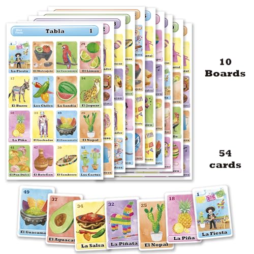Fiesta Bingo Game Set in Spanish, Mexican Bingo for 10 Players - 10 Boards and Full Deck of Cards