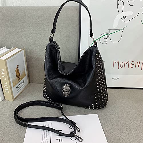 Downupdown Women Handbag PU Leather Shoulder Bag Skull Rivet Tote Bag Crossbody Bag with Long Shoulder Strap-Rivet