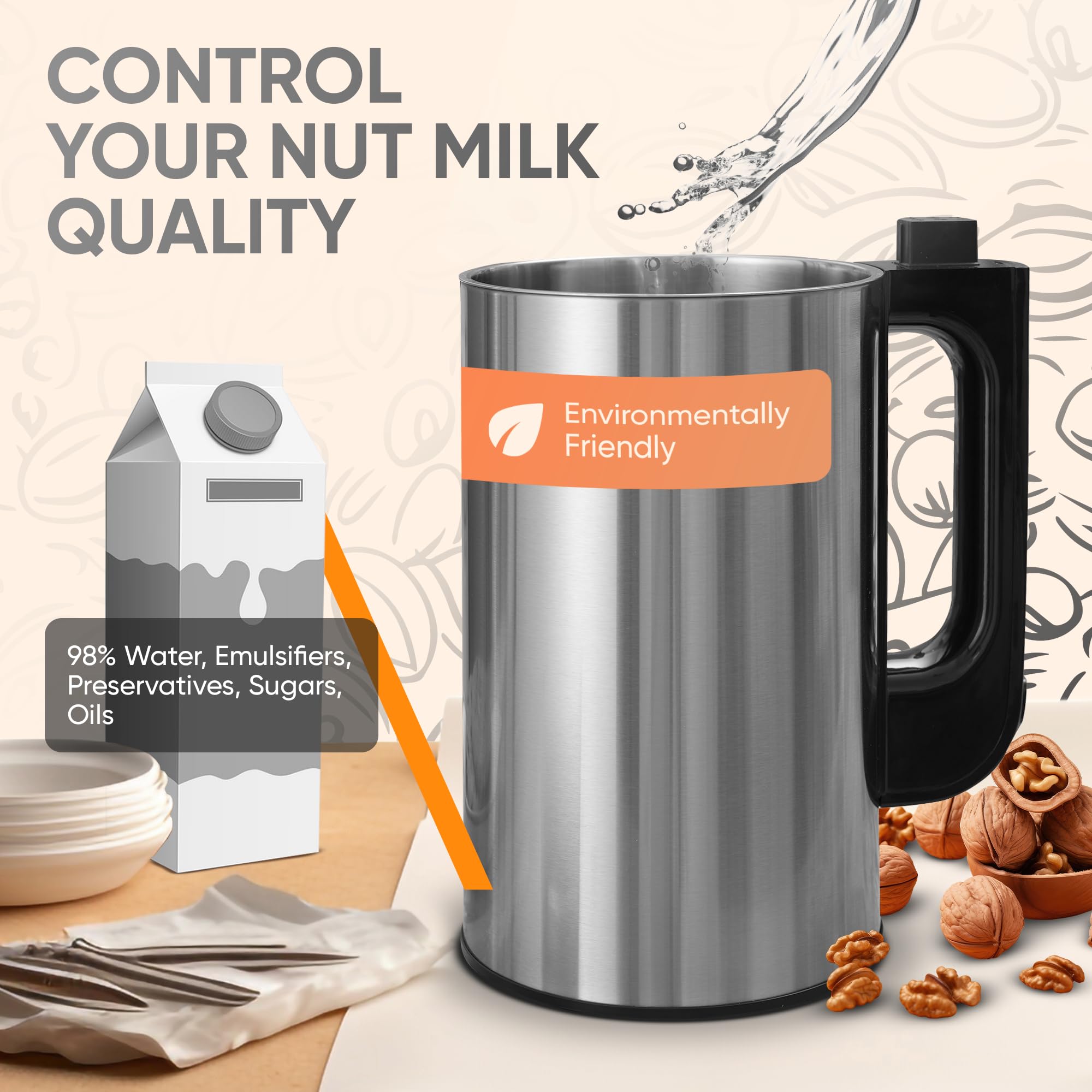 Automatic Nut Milk Maker 50Oz - No Spills, No Fuss, No Straining. Stainless Steel powerful Almond milk maker machine, Oat Milk Maker, Soymilk Machine Maker. Multifunctional