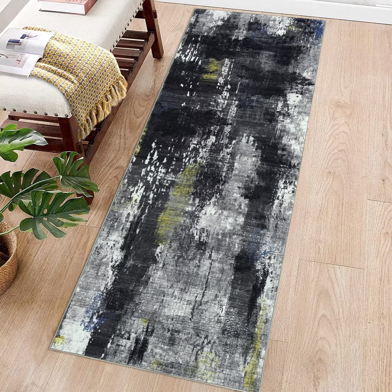 COZYLOOM 2x10 Contemporary Abstract Indoor Area Rug Modern Runner Rug Ink Print Entryway Rug Soft Hallway Runners Kitchen Mat Non Slip Living Room Bedroom Dining Rug Vintage Distressed Floor Cover