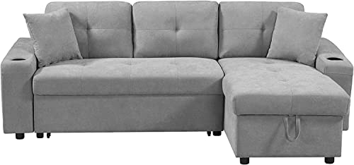 GAOPAN Modern Linen Sectional Sleeper Sofa Bed Convertible L-Shape Couch with Storage Chaise Lounge,Side Pockets,Cup Holders,2 Pillows for Living Room Apartment Furniture, Light Gray