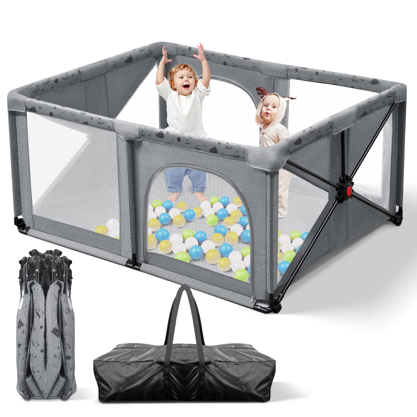 Foldable Baby Playpen, ALVOD 59 * 47 inches Portable Playpen for Babies and Toddlers Indoor & Outdoor Kids Safety Playpen with Carrying Bag, Dark Gray