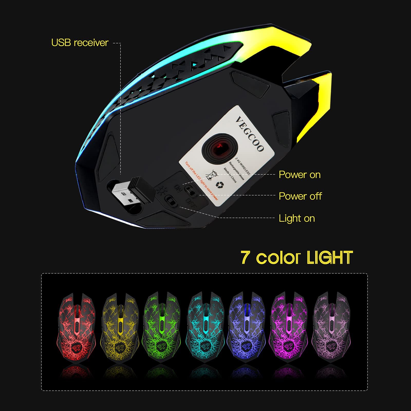 VEGCOO Wireless Gaming Mouse, Rechargeable Gaming Mouse, Silent Optical Mice with 2.4G USB Receiver, 3 Level DPI, 6 Buttons, 7 Colors LED Lights for PC/Mac Gamer, Laptop and Desktop