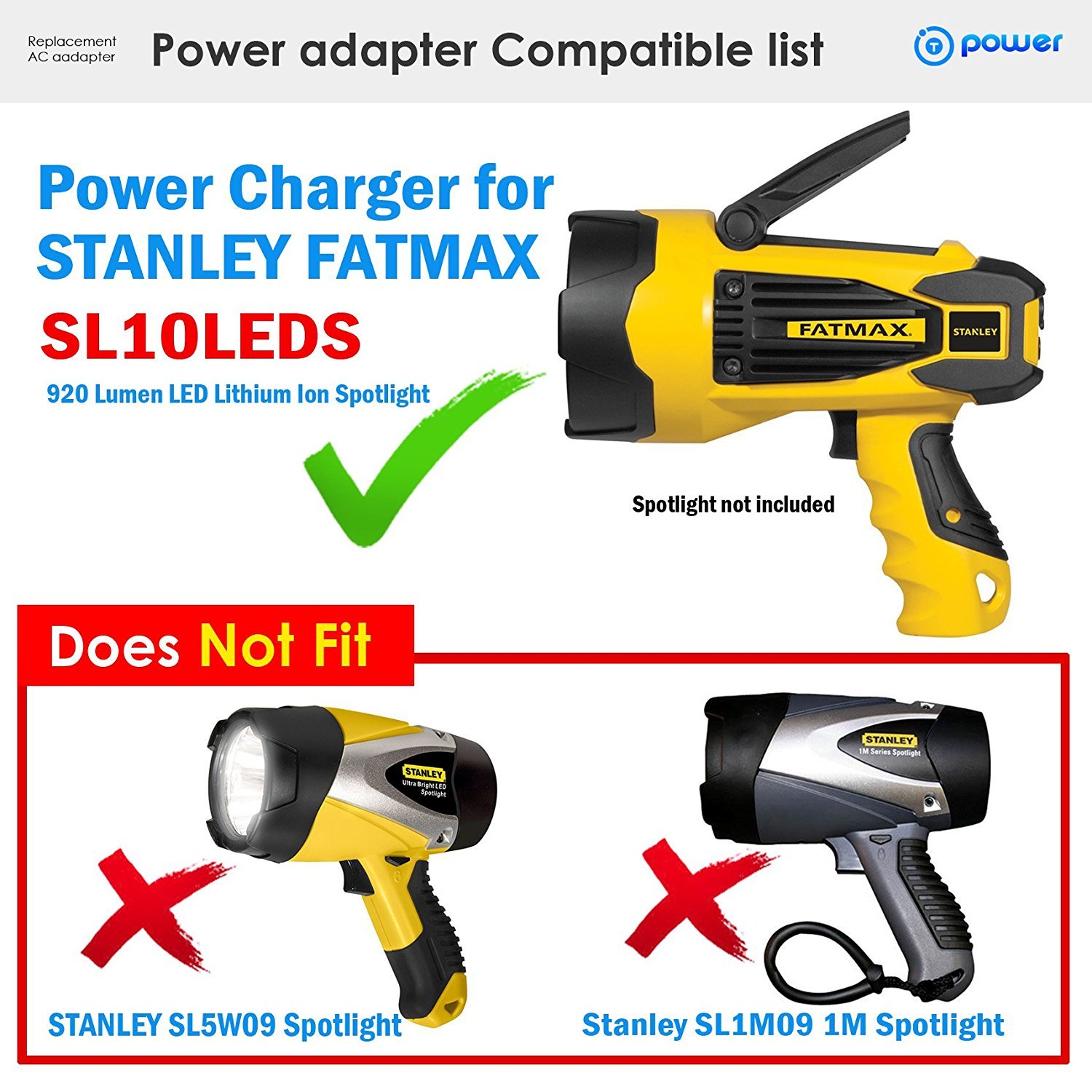 T POWER Charger for Stanley Fatmax SL10LEDSL SL10LEDL SL1M09 SL5W09 10 Watt Li-ION LED Rechargeable Spotlight Ac Dc Adapter Power Supply