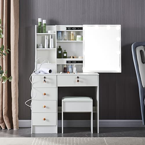 Dradaomull Makeup Vanity Dresser with Sliding Mirror and Lights, White Dressing Table with Charging Station and Chair, 3 Lighting Modes Makeup Table for Women Girls
