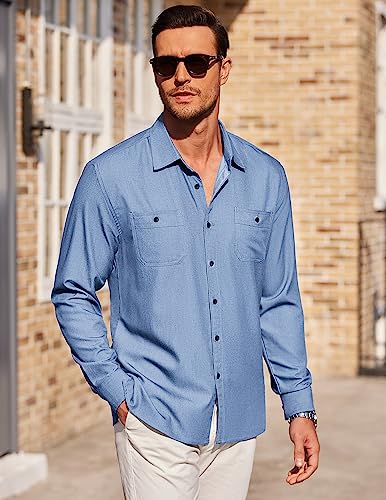 COOFANDY Mens Casual Dress Shirts Slim Fit Button Down Shirt with Two Chest Pockets Light Blue