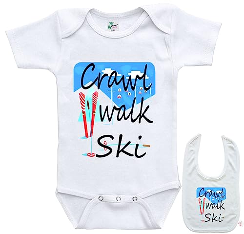 Crawl Walk Ski -Cute Snow Skiing winter sports Baby bodysuit onesie & bib Set
