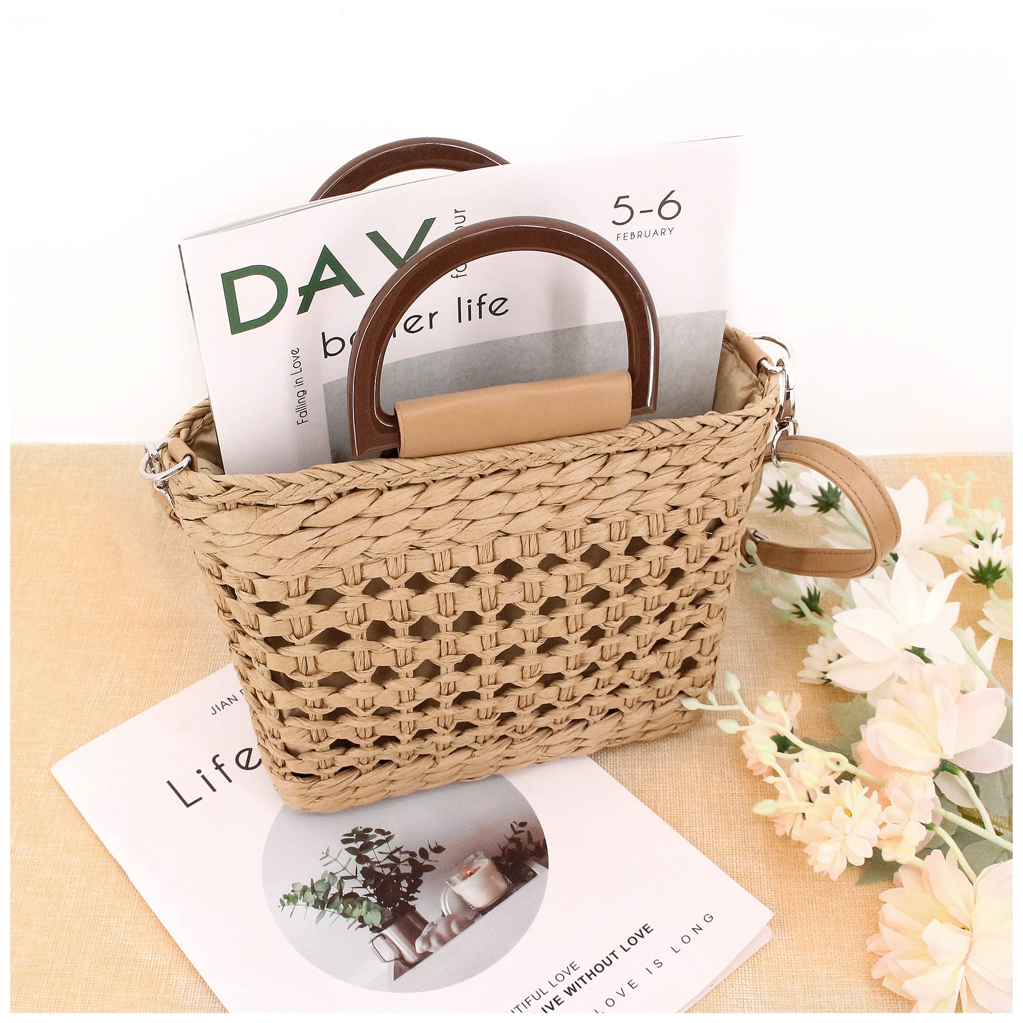 Monanoat Handwoven Straw Basket Bag with Top Handle Summer Beach Rattan Crossbody Bag Tote Handbag for Women