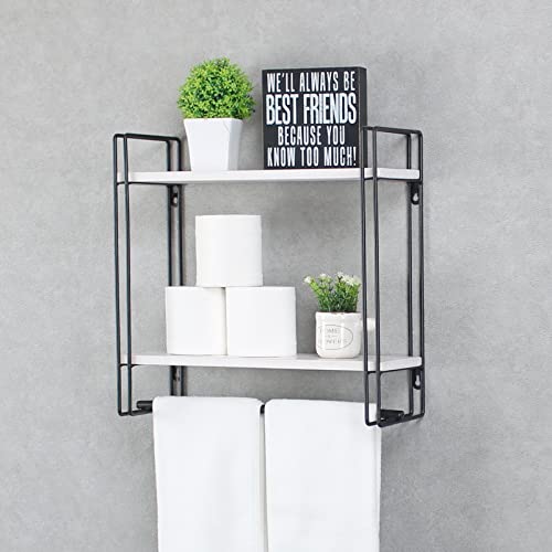 Industrial Pipe Shelving,Iron Shelves Industrial Bathroom Shelves with Towel bar,16.9in Rustic Metal Pipe Floating Shelves Pipe Wall Shelf,2 Tier Industrial Shelf Wall Mounted,Retro White