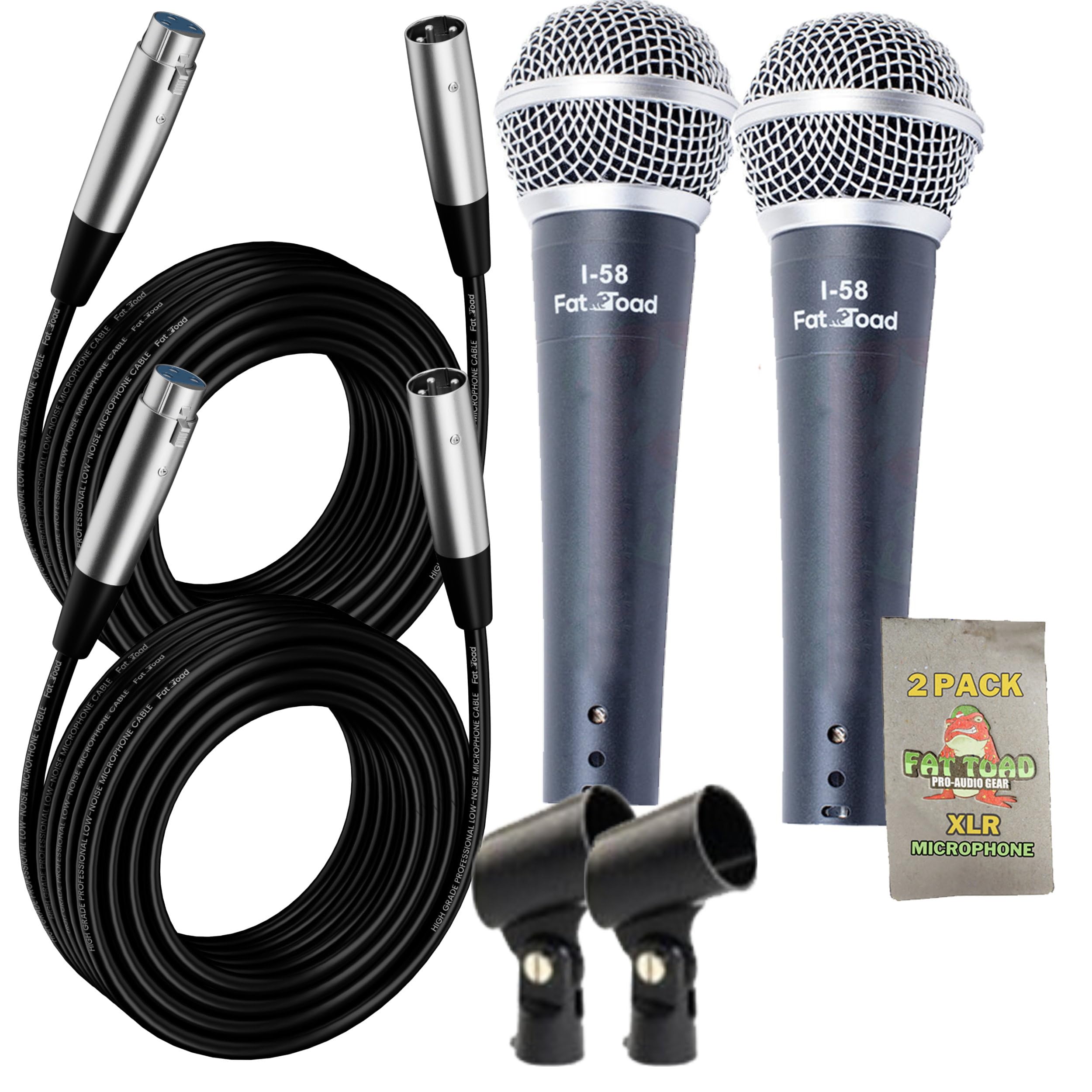Fat Toad Vocal Microphones with XLR Mic Cables & Clips (2 Pack) Cardioid Dynamic Handheld for Home Studio Recording Package, Live Stage Singing, Adult DJ Karaoke | Pro Audio Mic Cords, 3-Pin Wire
