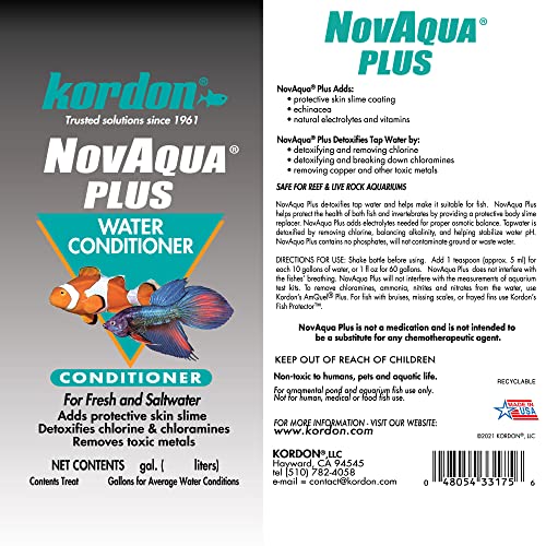 Kordon NOVAQUA Plus - Freshwater & Saltwater Aquarium Water Conditioner β Instantly Detoxifies Chlorine, Chloramines, & Heavy Metals, Replaces Fish Slime Coat, Reduces Fish Stress, 1-Gallon