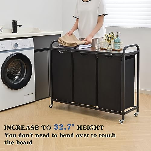 Lineware Laundry Hamper, Laundry Basket 3 Section, 3 ร 12.7 Gal (144L), Laundry Sorter with Top Shelf, Upgrade larger Rolling Laundry Basket with 3 Pull-Out Organizer Bags and Wheels (B-BLACK)