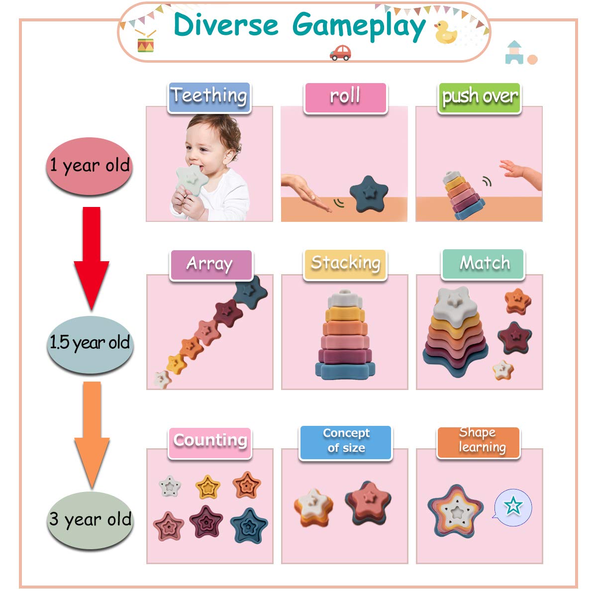 Promise Babe Silicone Stacking Toys Heart Shape Stacking Blocks Soft Baby Toy 6pcs Building Stacker