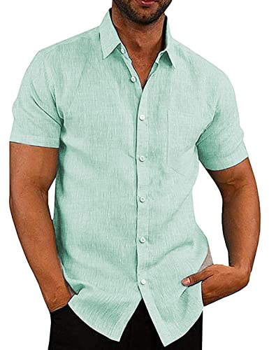 COOFANDY Mens Shirt Casual Button Down Chambray Plain Dress, Linen - Light Green, Large, Short Sleeve