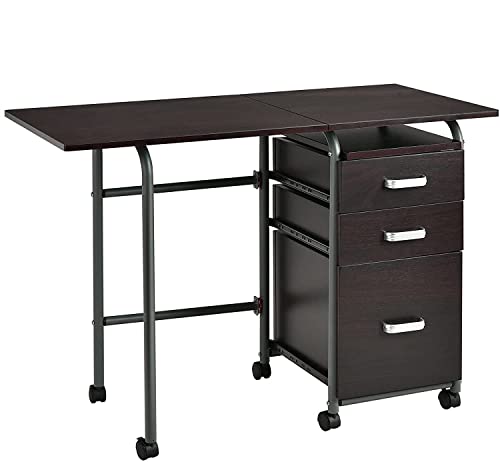 CHEFJOY Folding Computer Study Desk, Home Office Desk with 6 Smooth Wheels & 3 Large Drawers, Mobile Laptop Desk Writing Table for Small Space, Bedroom, Living Room (Brown)