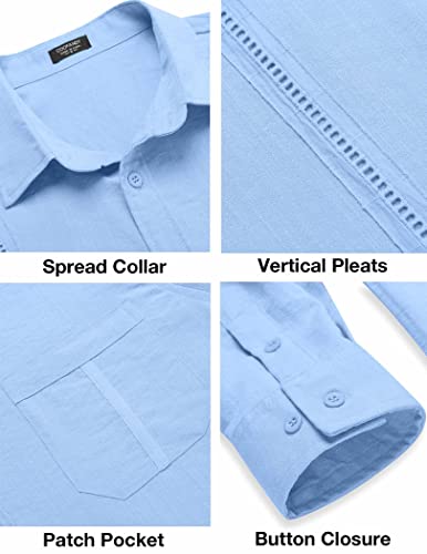 COOFANDY Mens Shirts Long Sleeve Cuban Camp Guayabera Shirt Linen Beach Button Down Shirts Light Blue
