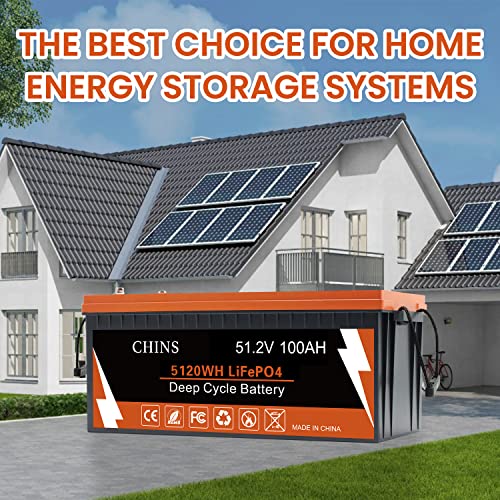 CHINS Bluetooth LiFePO4 Battery,48V 100Ah Smart Lithium Battery,Perfect for Golf Cart, Trolling Motor, Boat, RV, Solar, Home Energy Storage, Backup Power and Off-Grid etc, Peak Current 500A.
