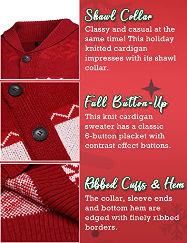 COOFANDY Mens Ugly Christmas Xmas Reindeer Snowflake Button Front Long Sleeve Shawl Collar Cardigan (Red M)